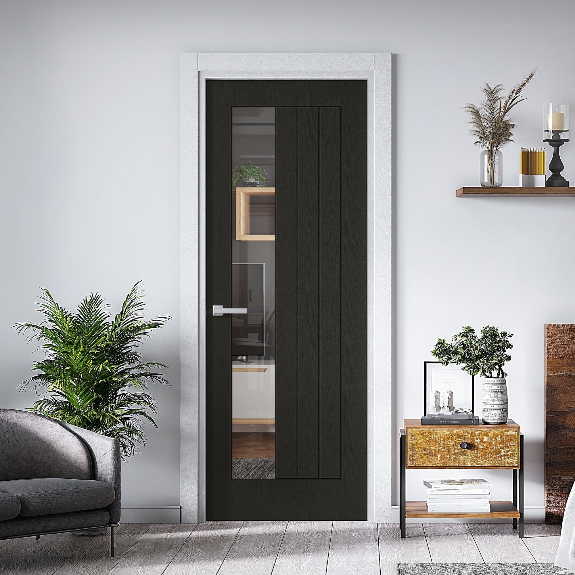 Liberty Doors Black Internal Fully Finished Oak Farley 1 Light Offset ...