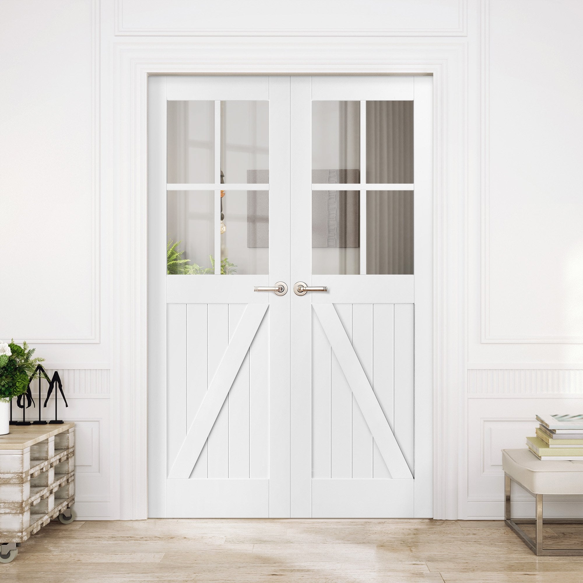Liberty Doors Internal White Primed Barn 4 Light Glazed FLB Pair Door ...